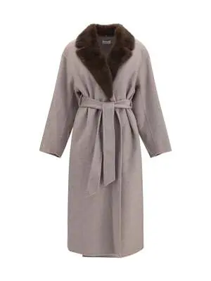 P.a.r.o.s.h Wool Coat With Fur Collar And Belt - Cream