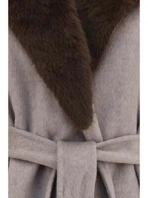 P.a.r.o.s.h Wool Coat With Fur Collar And Belt - Cream