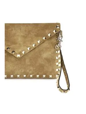 Valentino Garavani Medium Rockstud Suede Clutch - Cream