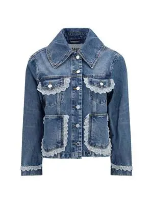 GANNI Rigid Denim Jacket With Lace Trim - Blue