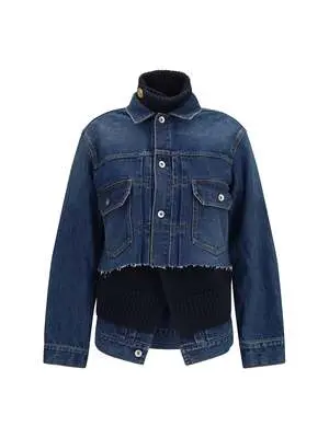 Sacai Denim Jacket With Wool Knit Layer - Blue