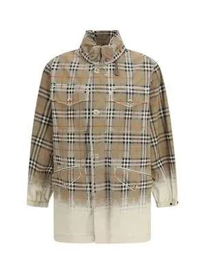 Burberry Gabardine Parka With Faded Check Print - Cream