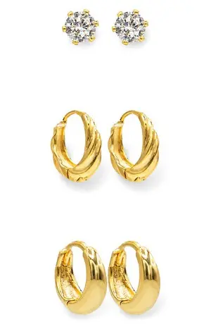 LA MENO Mixed Stud & Hoop Earring Set With Crystal Accents - Gold