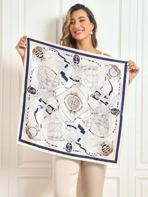 SILKSILKY Pure Silk Printed Square Scarf For - Darkblue