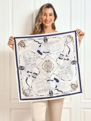 SILKSILKY Pure Silk Printed Square Scarf For - Darkblue