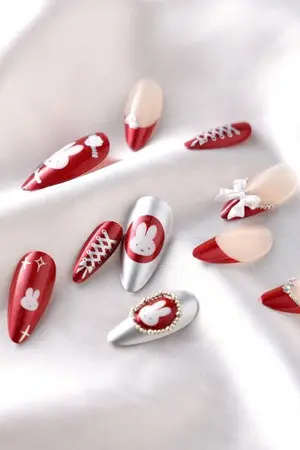 NEVER HAVE I EVER Miffy Burgundy Almond Press On Nails Cute Character Nail Art - Red
