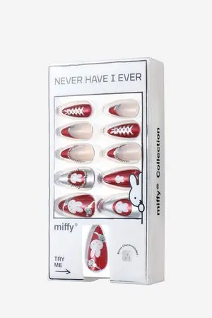 NEVER HAVE I EVER Miffy Burgundy Almond Press On Nails Cute Character Nail Art - Red