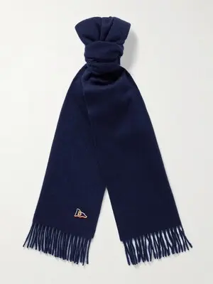 DRAKE'S Fringed Logo-appliquéd Wool Scarf - Blue