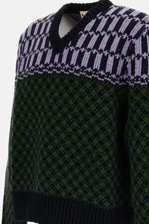 Marni Geometric Pattern V-neck Wool Sweater