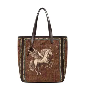 Etro Nylon Tote Bag With Pegaso Print And Arnica Motif - Brown