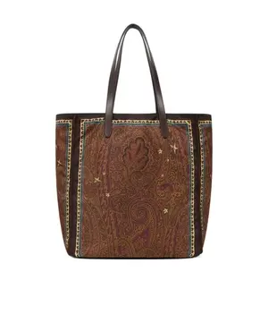 Etro Nylon Tote Bag With Pegaso Print And Paisley Motif - Brown