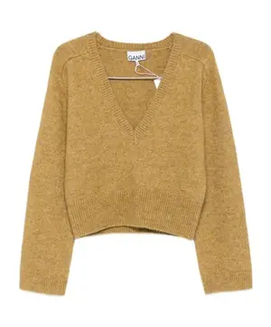GANNI Mélange Deep V-neck Knitted Sweater - Nude