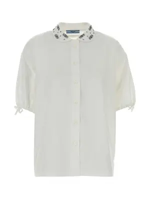 Prada Embellished Collar Short Sleeve Poplin Shirt