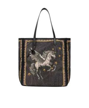 Etro Nylon Tote Bag With Pegaso Print And Arnica Motif - Black