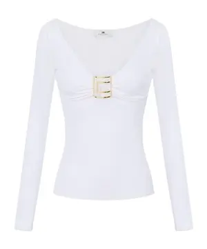 Elisabetta Franchi Top In Jersey Fabric With Jewel Logo Detail - White