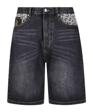 BILLIONAIRE BOYS CLUB Leopard-print Panel Denim Shorts - Black