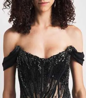 GAURAV GUPTA Off-the-shoulder Gown With Crystal Embroidery And Sculptural Drape