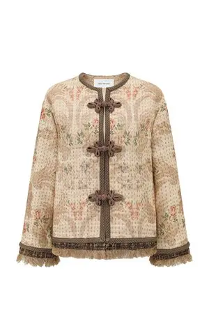INTO THE EAST Scroll Handcrafted Fringe Beaded Silk-linen Jacket - Floral