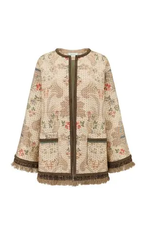 INTO THE EAST Scroll Handcrafted Fringe Beaded Open Front Silk-linen Jacket - Floral