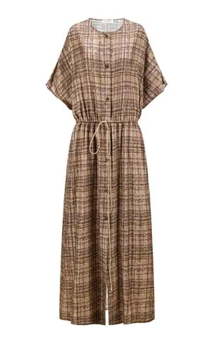 INTO THE EAST Plaid Ombre Drawstring Cinched Silk Maxi Dress - Stripe