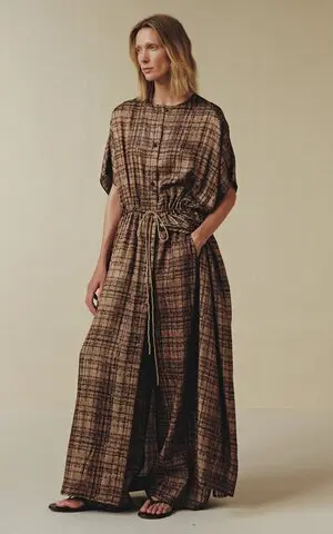 INTO THE EAST Plaid Ombre Drawstring Cinched Silk Maxi Dress