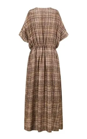 INTO THE EAST Plaid Ombre Drawstring Cinched Silk Maxi Dress