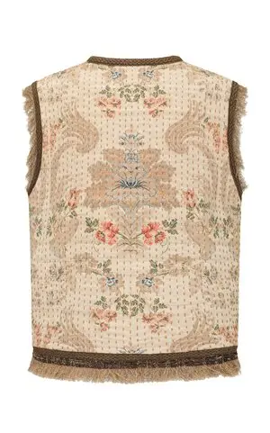 INTO THE EAST Scroll Handcrafted Fringe Beaded Silk-linen Vest