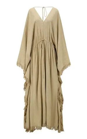 INTO THE EAST Drawstring Fringe Silk Maxi Dress - Brown