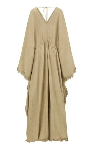 INTO THE EAST Drawstring Fringe Silk Maxi Dress