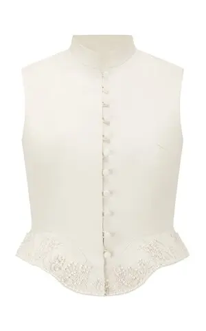 INTO THE EAST Embroidered Beaded Mandarin Collar Silk-linen Vest - White