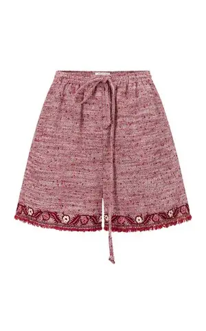 INTO THE EAST Embroidered Cotton, Wool And Linen Shorts - Red