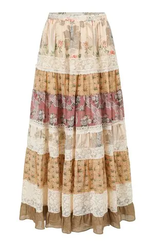 INTO THE EAST Floral Scroll -layer Lace Paneled Maxi Skirt - Multi