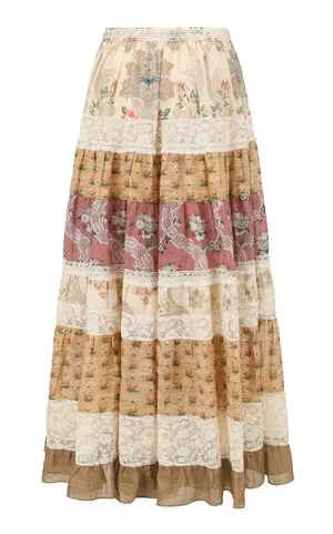 INTO THE EAST Floral Scroll -layer Lace Paneled Maxi Skirt