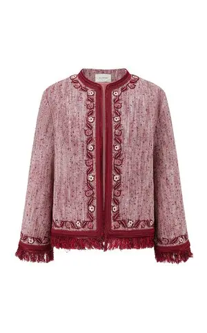 INTO THE EAST Embroidered Fringe Cotton, Wool And Linen Jacket - Red