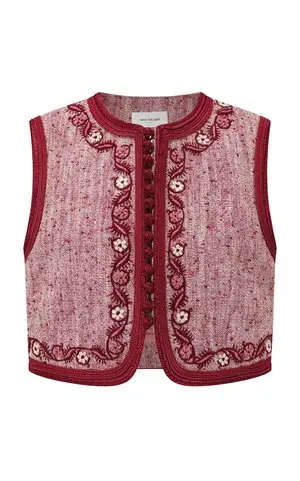 INTO THE EAST Handcrafted Embroidered Cotton, Wool And Linen Vest - Red