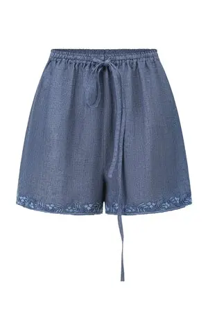INTO THE EAST Embroidered Linen Shorts - Blue