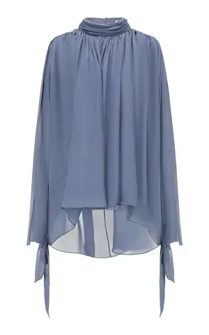 INTO THE EAST Turtleneck Batwing Sleeve Silk Top - Blue