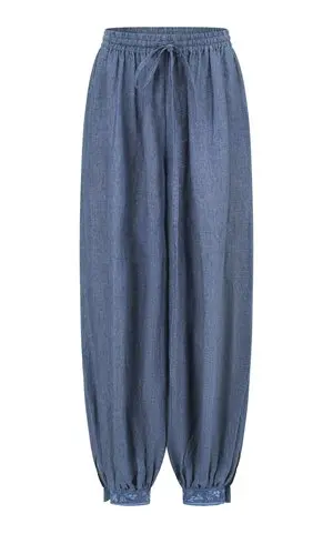 INTO THE EAST Embroidered Tapered Linen Pants - Blue