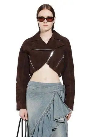 Alaïa Suede Cropped Biker Jacket - Brown