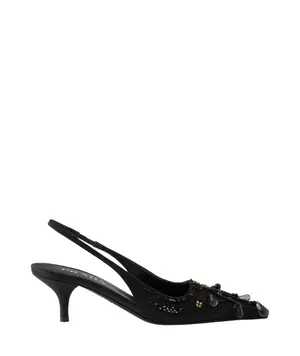 Prada Embroidered Satin Slingback Pumps With Embellishments - Black
