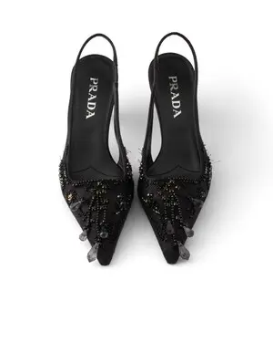Prada Embroidered Satin Slingback Pumps With Embellishments - Black