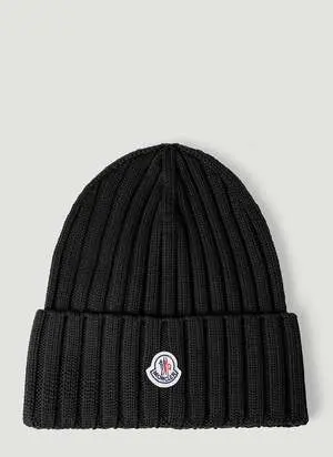 Moncler Logo Patch Beanie Hat - Black