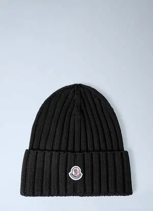 Moncler Logo Patch Beanie Hat - Black