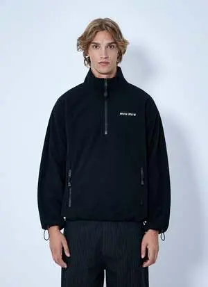 Miu Miu Half-zip Fleece Sweatshirt With Embroidered Logo - Black