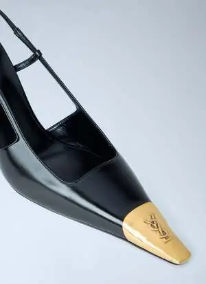 Saint Laurent Jeanne Slingback Pumps With Metal Cap Toe - Black