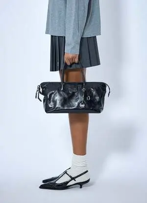 Miu Miu Patent Leather Top Handle Bag With Embossed Detailing - Black