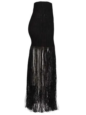 Alaïa Ribbed Knit Maxi Skirt With Fringe - Black