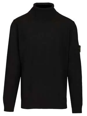 Stone Island Virgin Wool Turtleneck Sweater With Badge Detail - Black