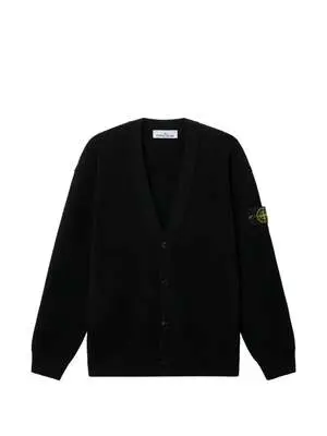 Stone Island V-neck Cardigan With Logo Badge - Black