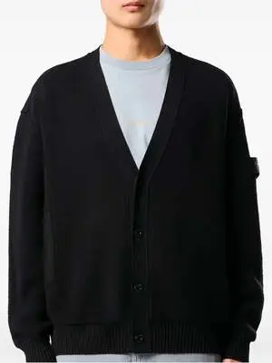Stone Island V-neck Cardigan With Logo Badge - Black